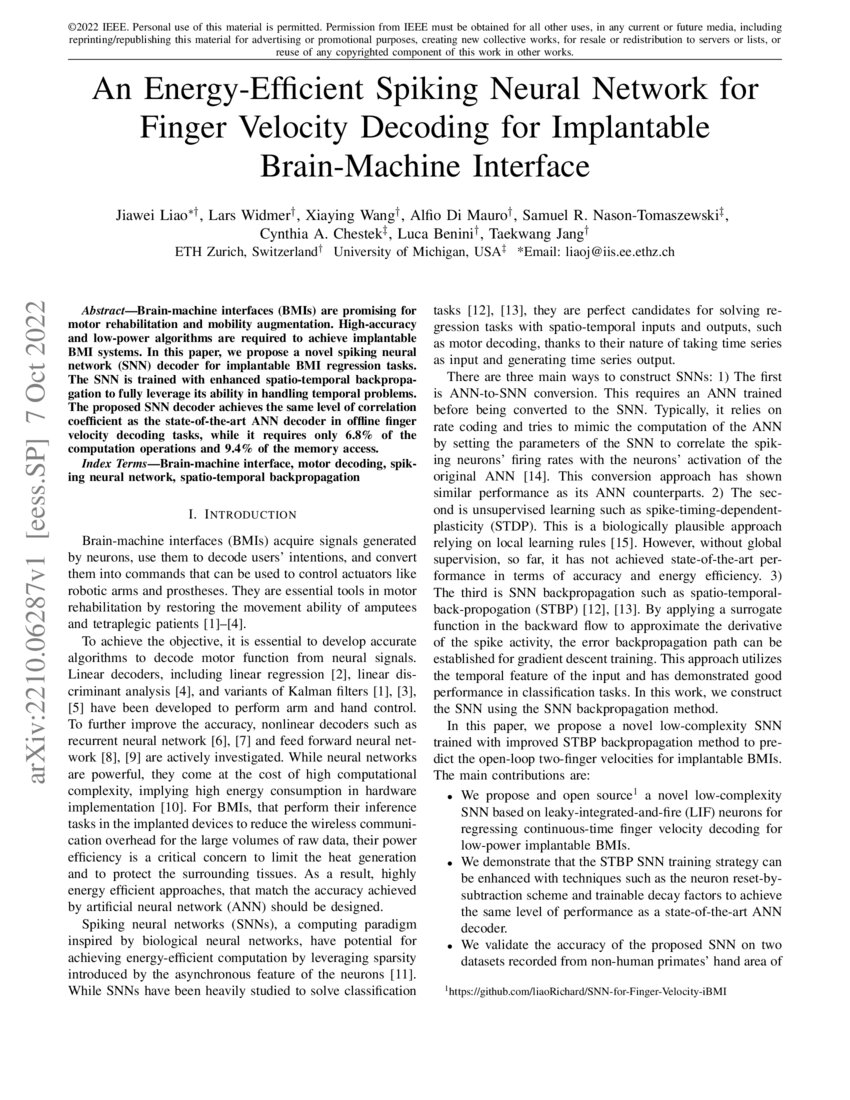 An Energy Efficient Spiking Neural Network For Finger Velocity Decoding For Implantable Brain
