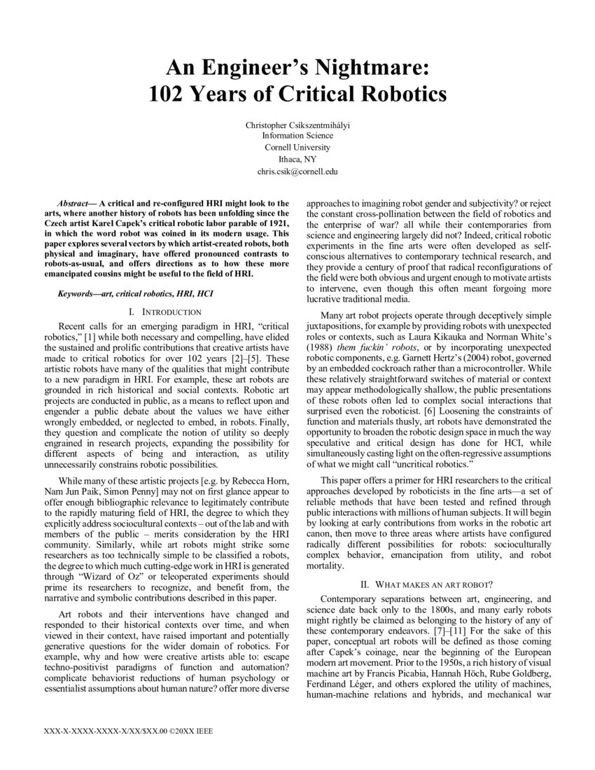 An Engineer's Nightmare: 102 Years of Critical Robotics | DeepAI