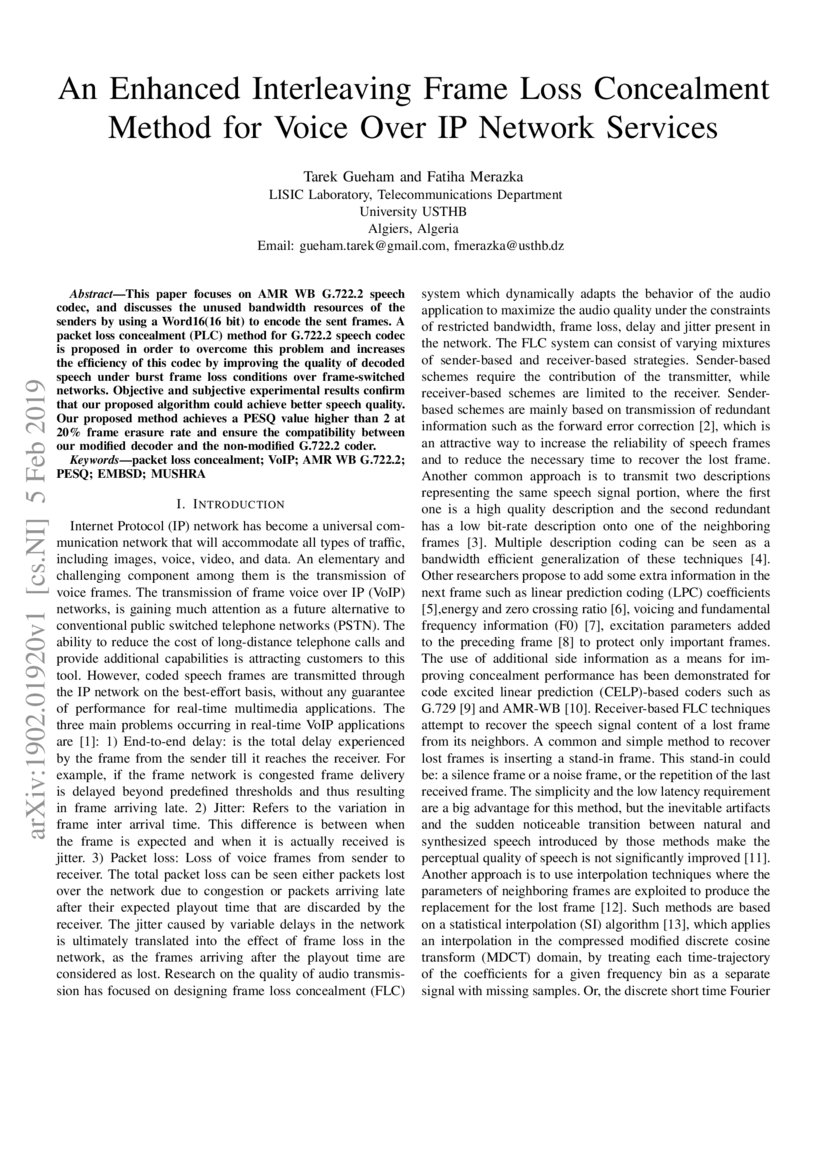 An Enhanced Interleaving Frame Loss Concealment Method for Voice Over ...