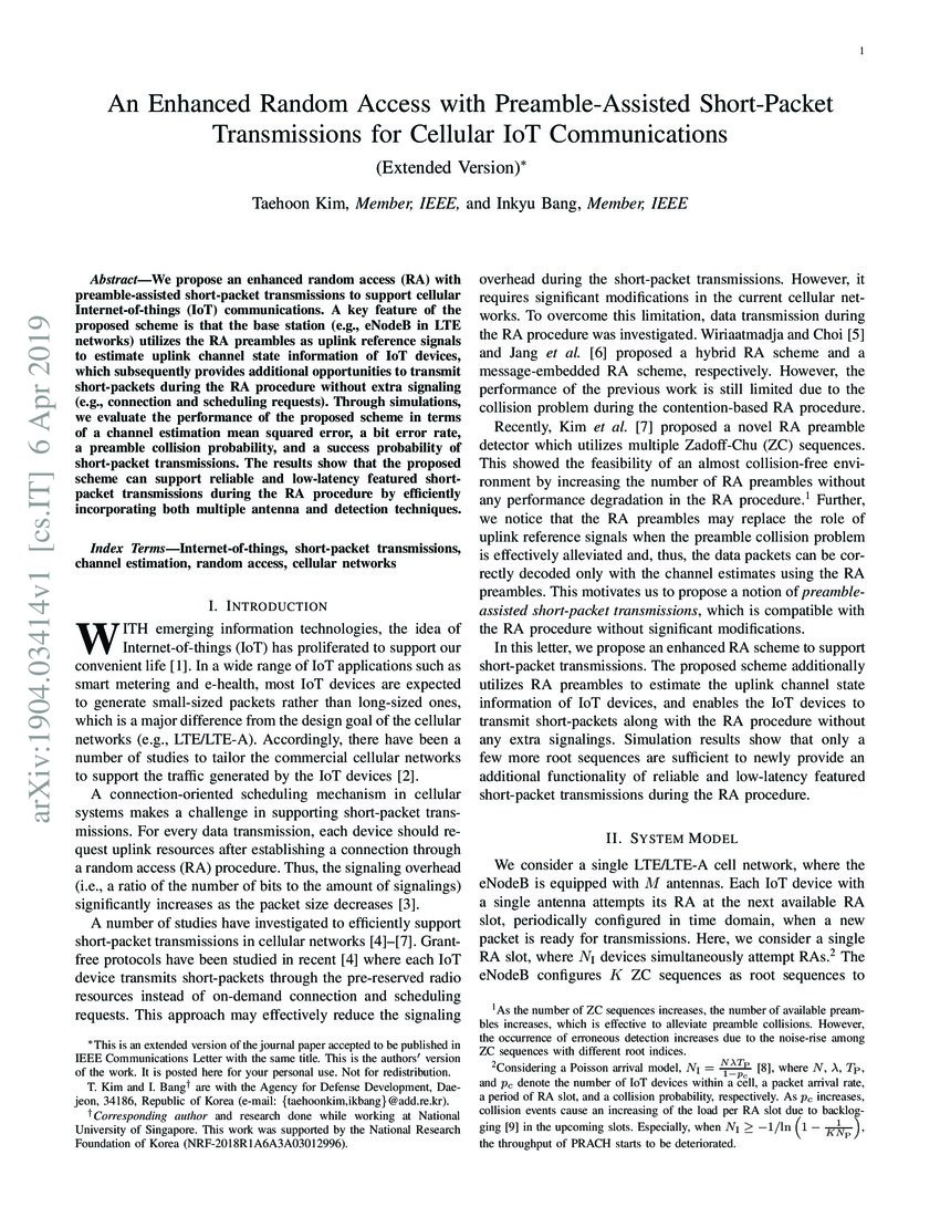 An Enhanced Random Access With Preamble Assisted Short Packet Transmissions For Cellular Iot