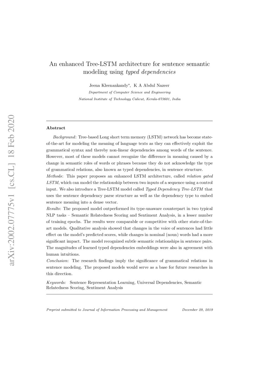 An enhanced Tree-LSTM architecture for sentence semantic modeling using ...