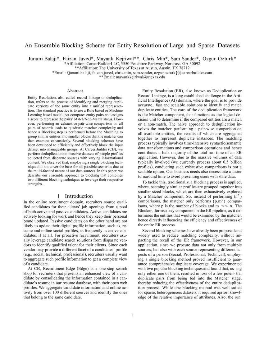 An Ensemble Blocking Scheme For Entity Resolution Of Large And Sparse