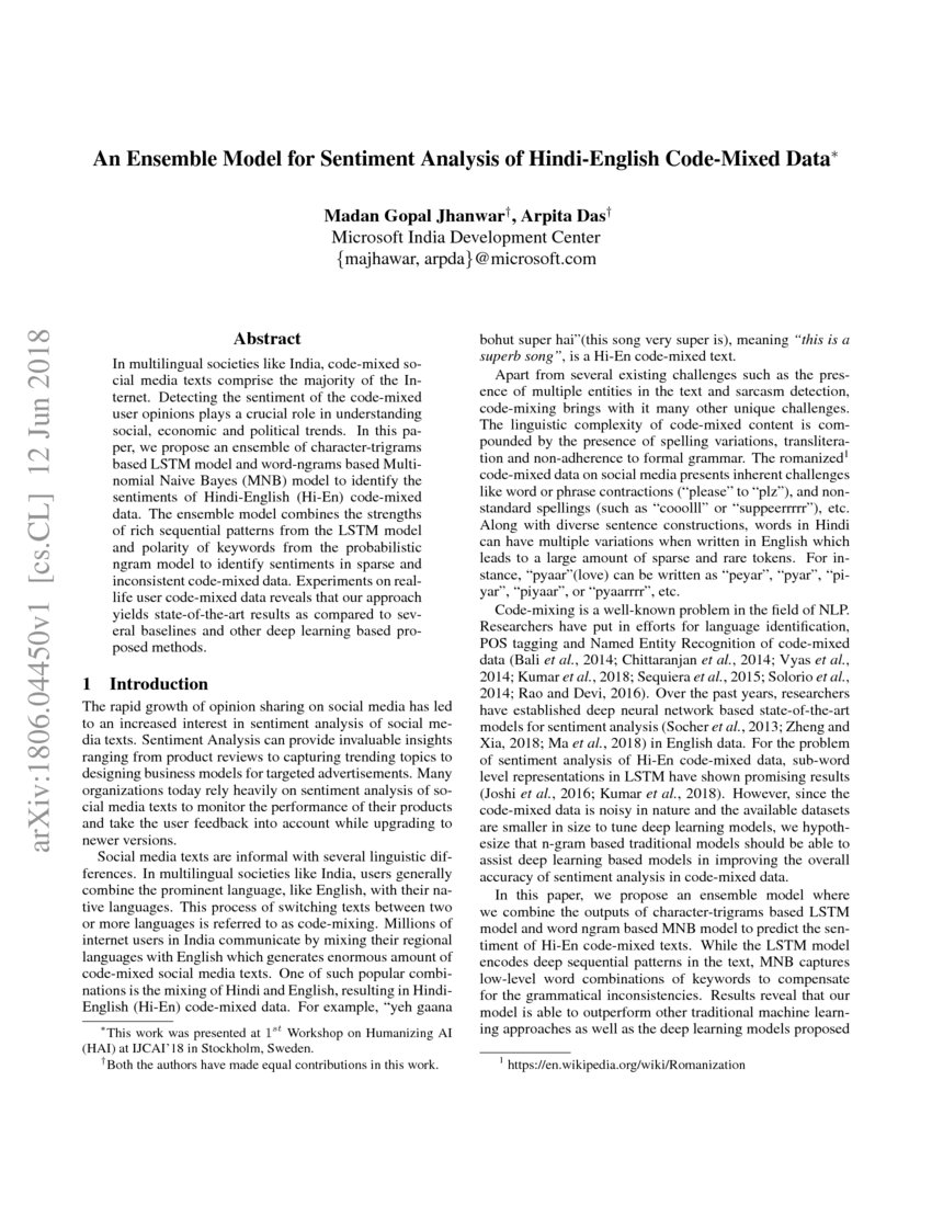 An Ensemble Model for Sentiment Analysis of Hindi-English Code-Mixed ... An Ensemble Model for Sentiment Analysis of Hindi-English Code-Mixed ...