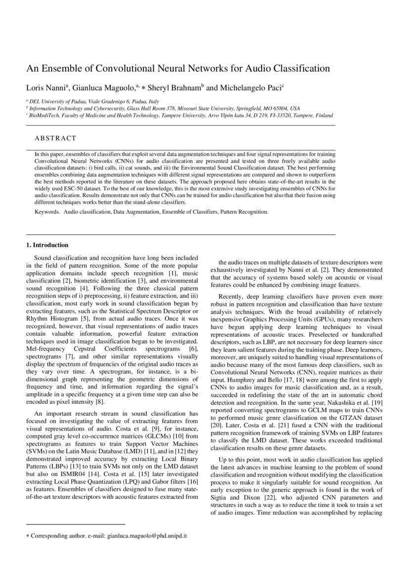 An Ensemble of Convolutional Neural Networks for Audio Classification | DeepAI