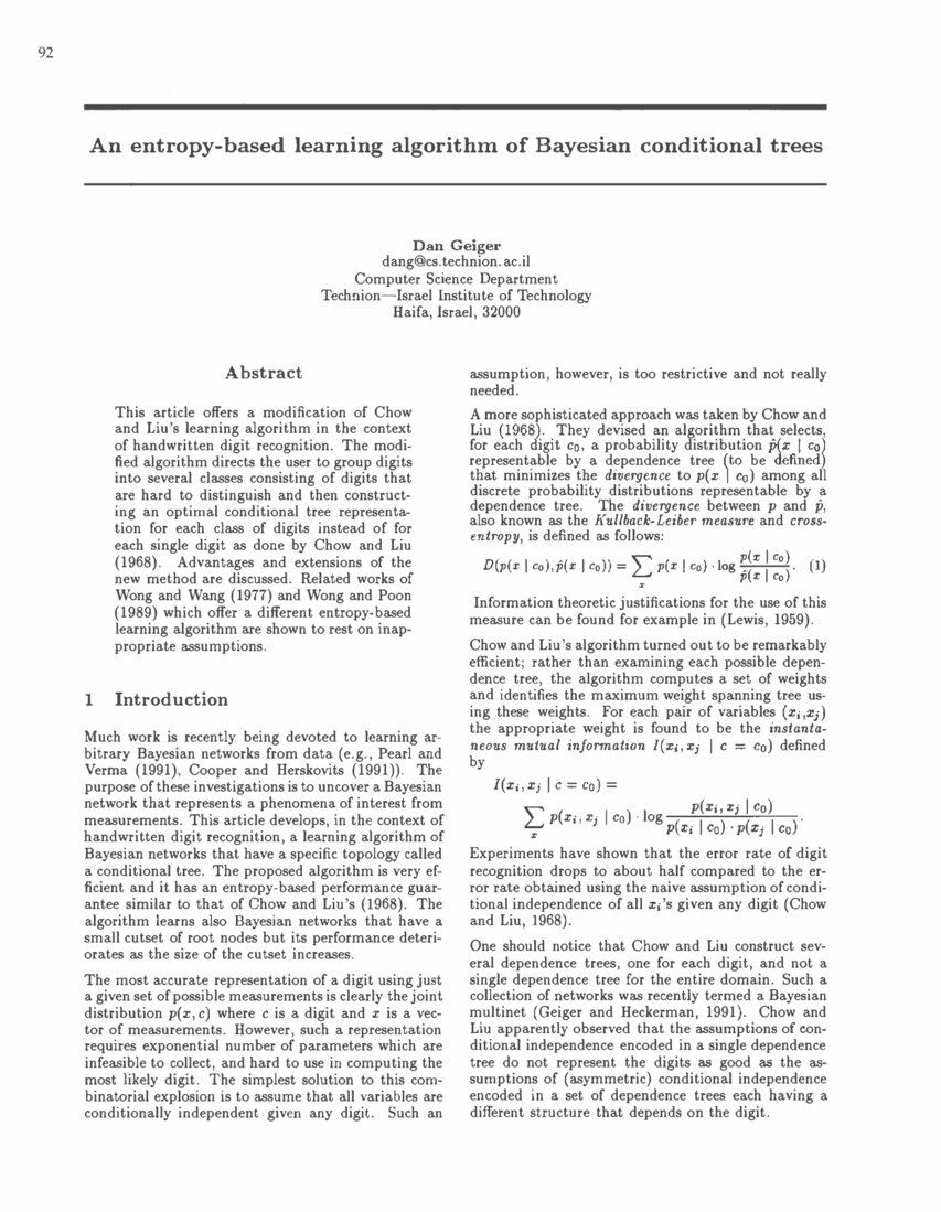 An Entropy Based Learning Algorithm Of Bayesian Conditional Trees Deepai