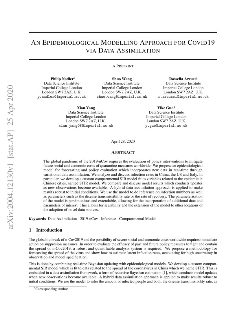 An Epidemiological Modelling Approach for Covid19 via Data Assimilation | DeepAI