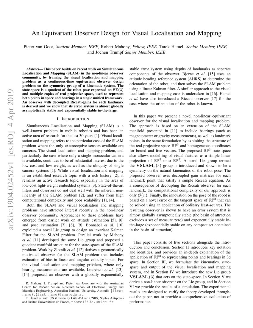 An Equivariant Observer Design for Visual Localisation and Mapping | DeepAI