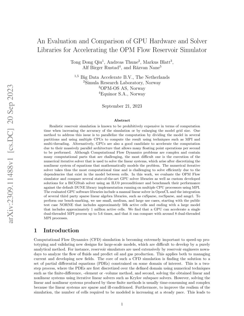 An Evaluation and Comparison of GPU Hardware and Solver Libraries for Accelerating the OPM Flow ...