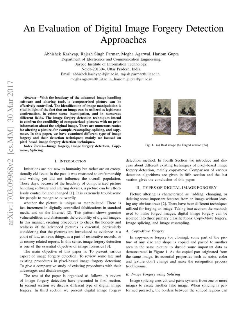 An Evaluation Of Digital Image Forgery Detection Approaches Deepai