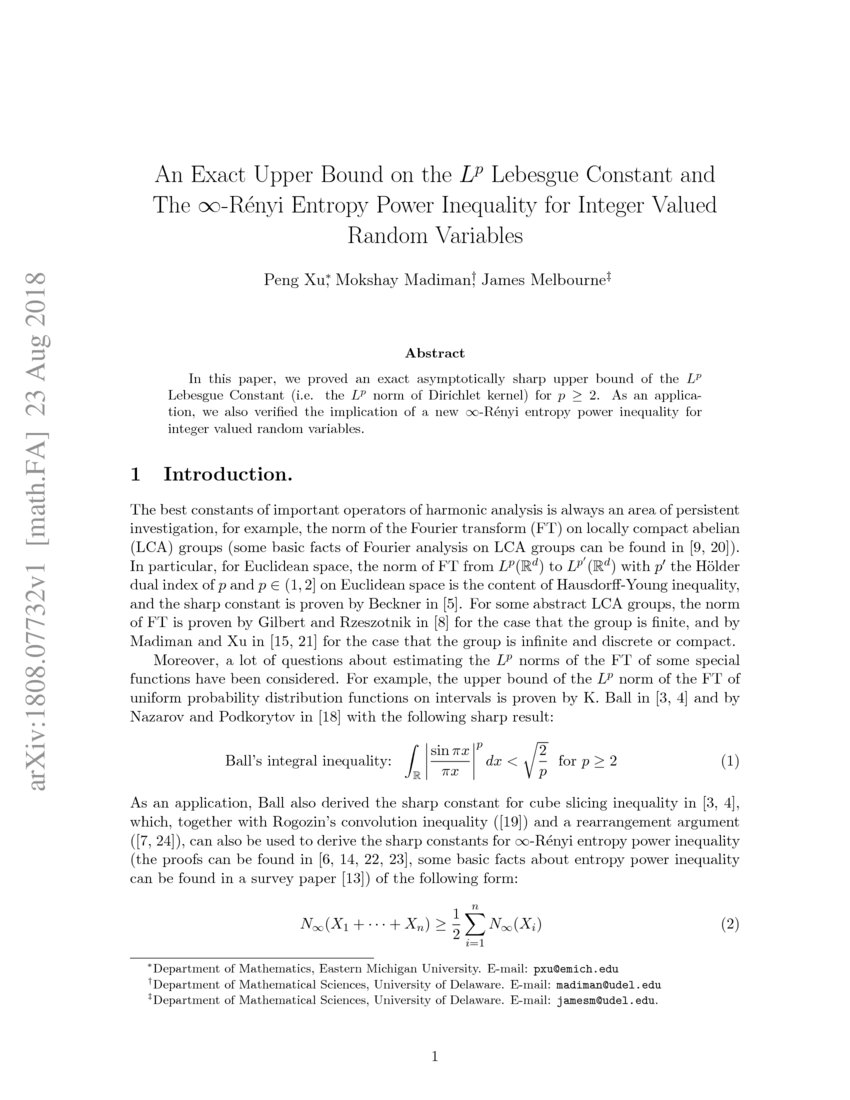 An Exact Upper Bound On The L P Lebesgue Constant And The ∞ Rényi Entropy Power Inequality For