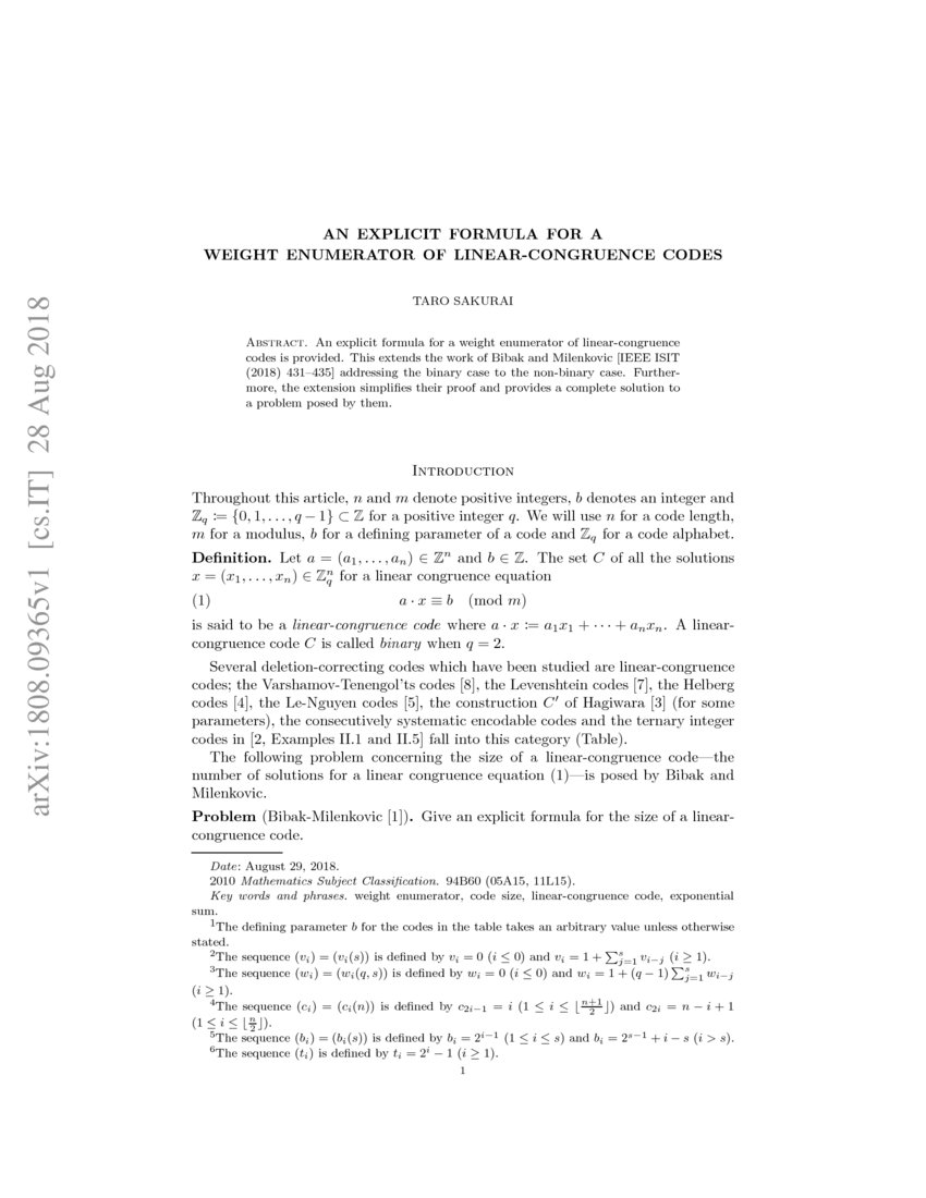 An explicit formula for a weight enumerator of linear-congruence codes ...