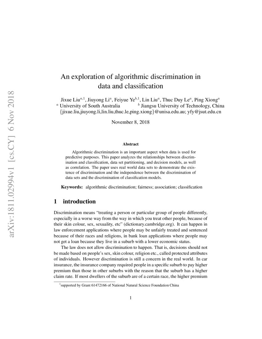 An Exploration Of Algorithmic Discrimination In Data And Classification