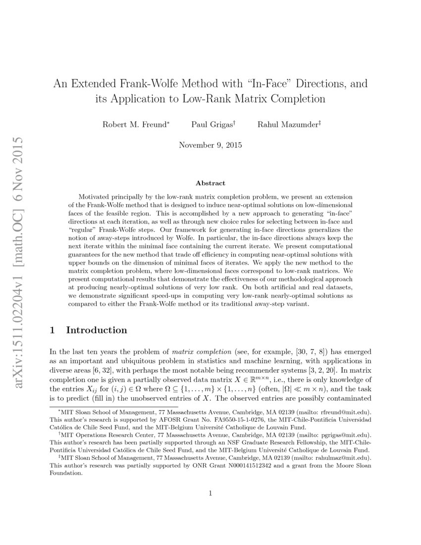 An Extended Frank Wolfe Method With In Face Directions And Its Application To Low Rank Matrix