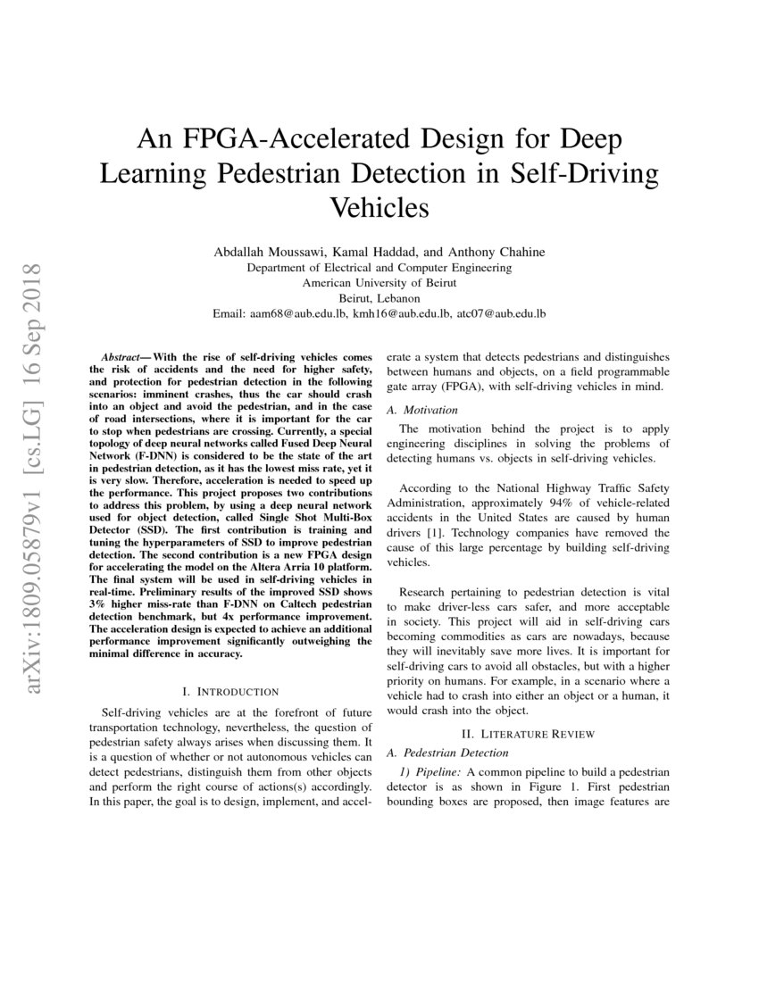An Fpga Accelerated Design For Deep Learning Pedestrian Detection In Self Driving Vehicles Deepai