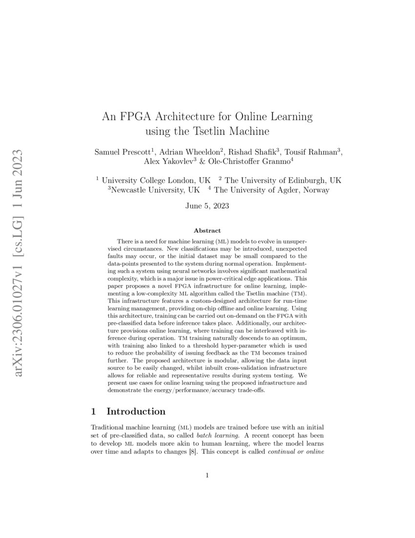An Fpga Architecture For Online Learning Using The Tsetlin Machine Deepai 7961