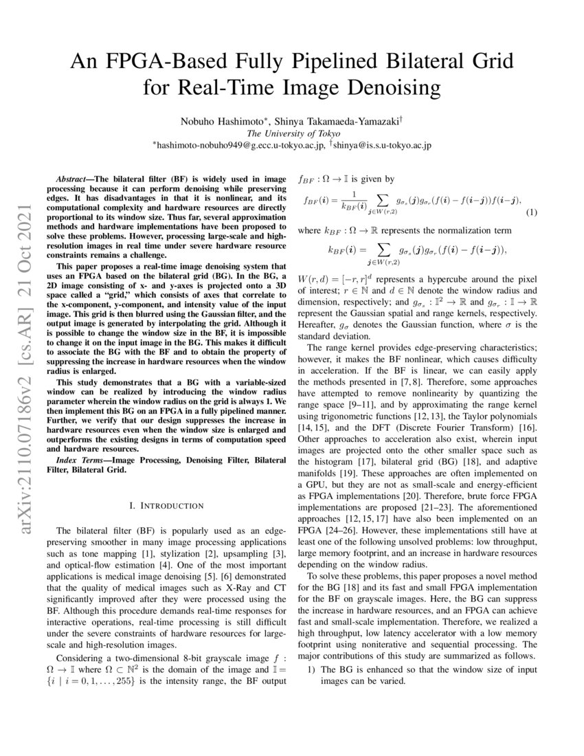 An Fpga Based Fully Pipelined Bilateral Grid For Real Time Image Denoising Deepai