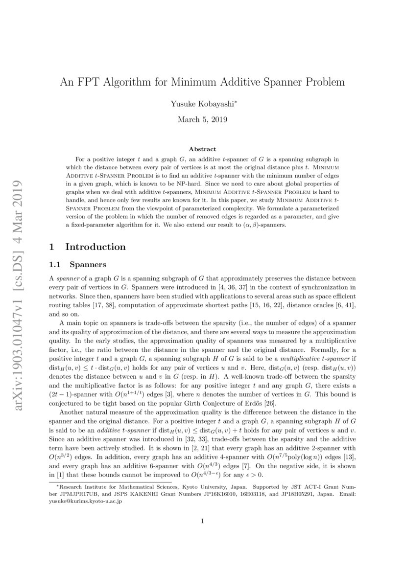 An Fpt Algorithm For Minimum Additive Spanner Problem Deepai 8380