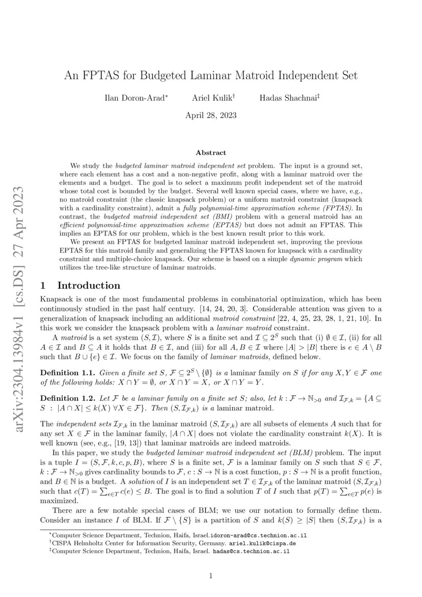 An FPTAS for Budgeted Laminar Matroid Independent Set | DeepAI