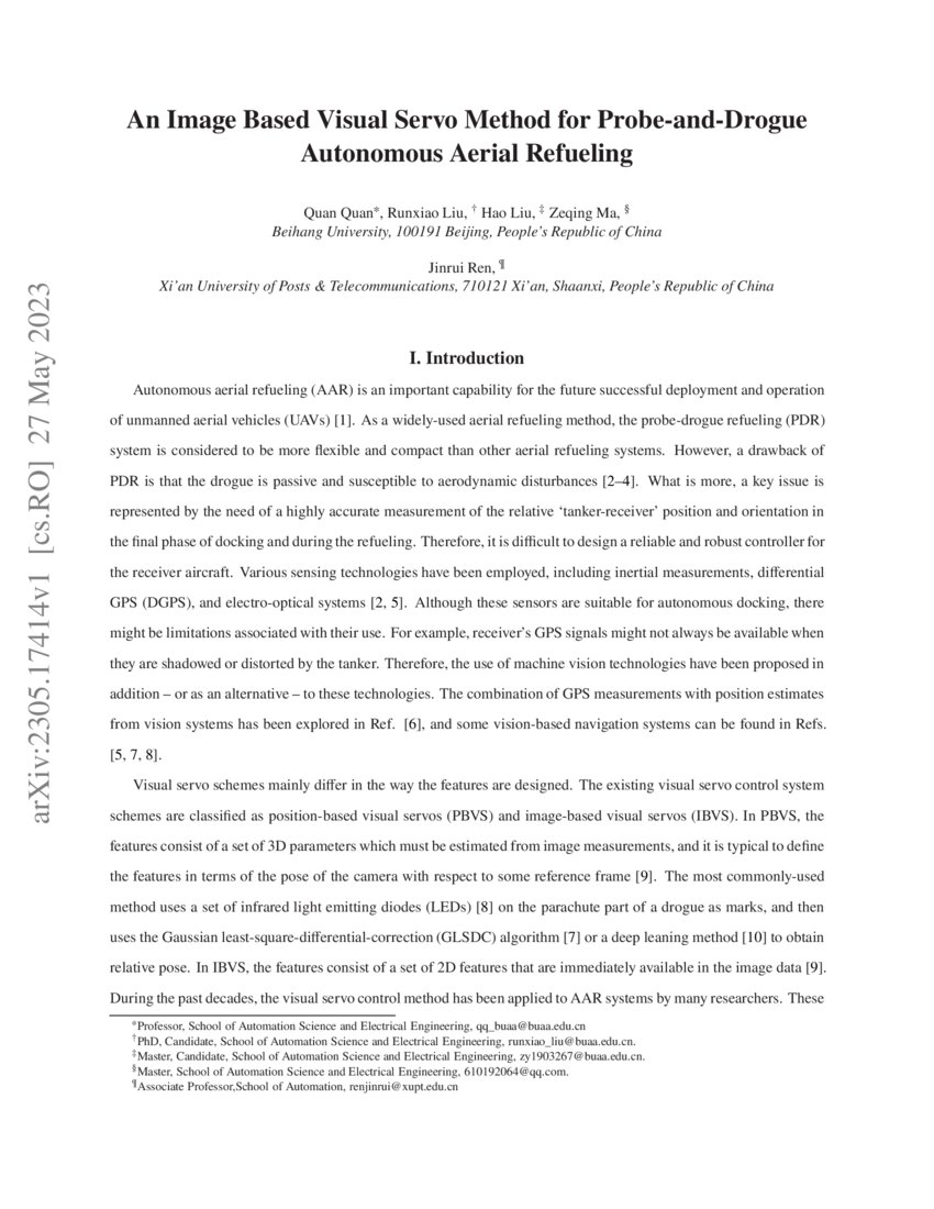 An Image Based Visual Servo Method For Probe And Drogue Autonomous Aerial Refueling Deepai