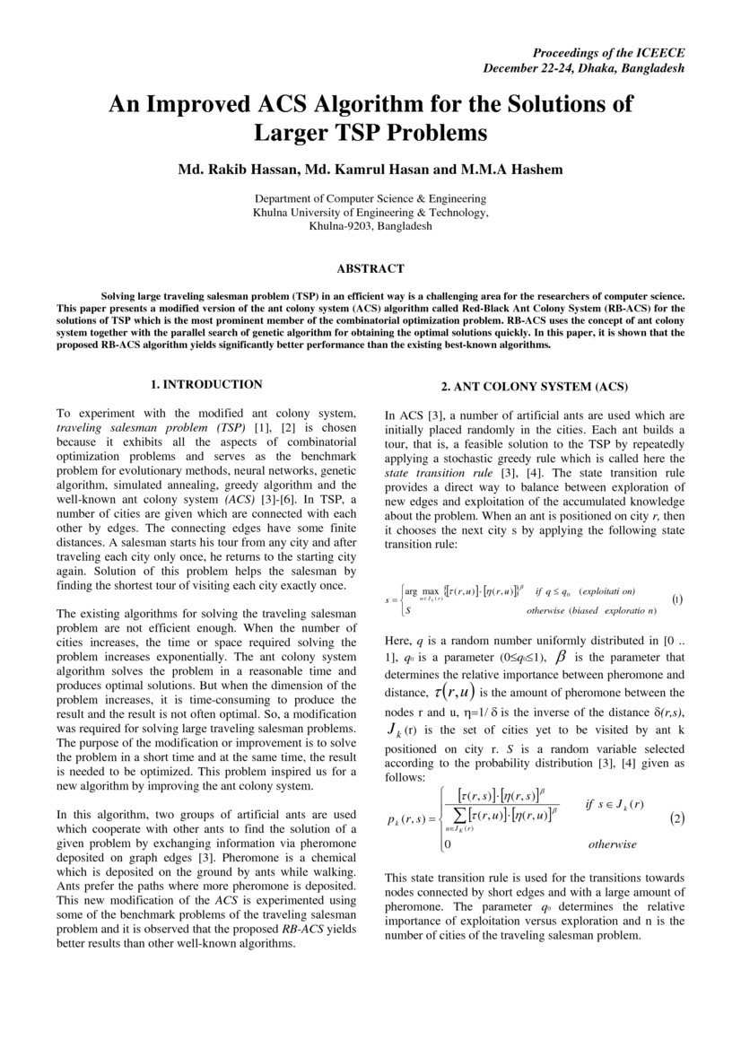 An Improved Acs Algorithm For The Solutions Of Larger Tsp Problems Deepai