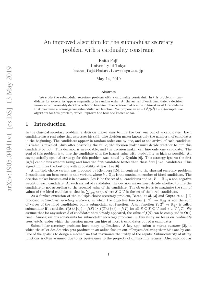 An improved algorithm for the submodular secretary problem with a cardinality constraint | DeepAI