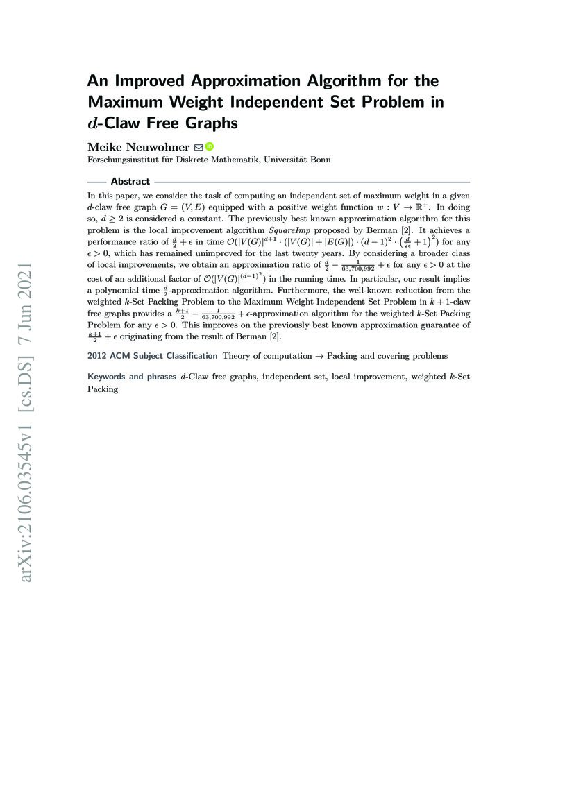 An Improved Approximation Algorithm For The Maximum Weight Independent Set Problem In D Claw