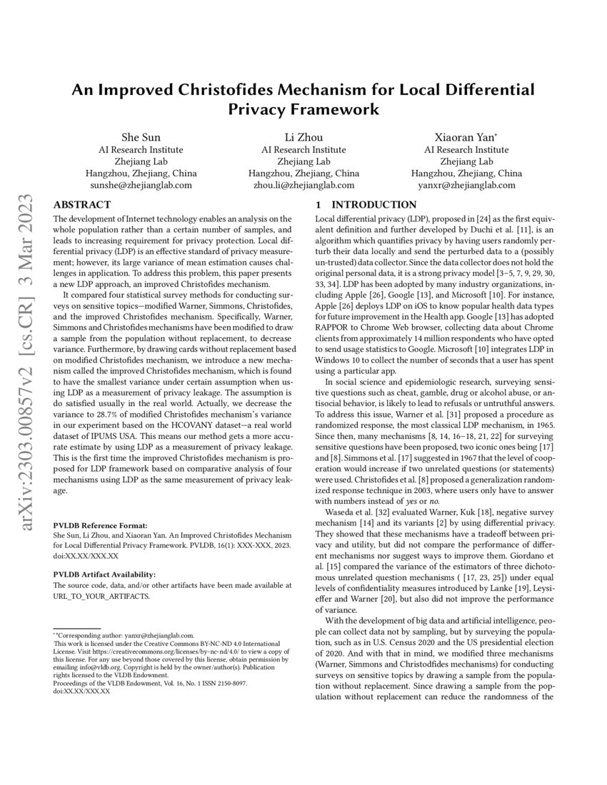 An Improved Christofides Mechanism for Local Differential Privacy Framework | DeepAI