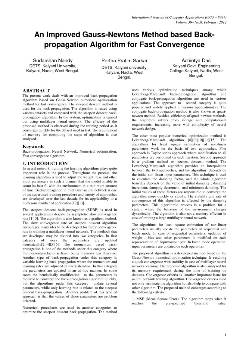 An Improved Gauss Newtons Method Based Back Propagation Algorithm For Fast Convergence Deepai 