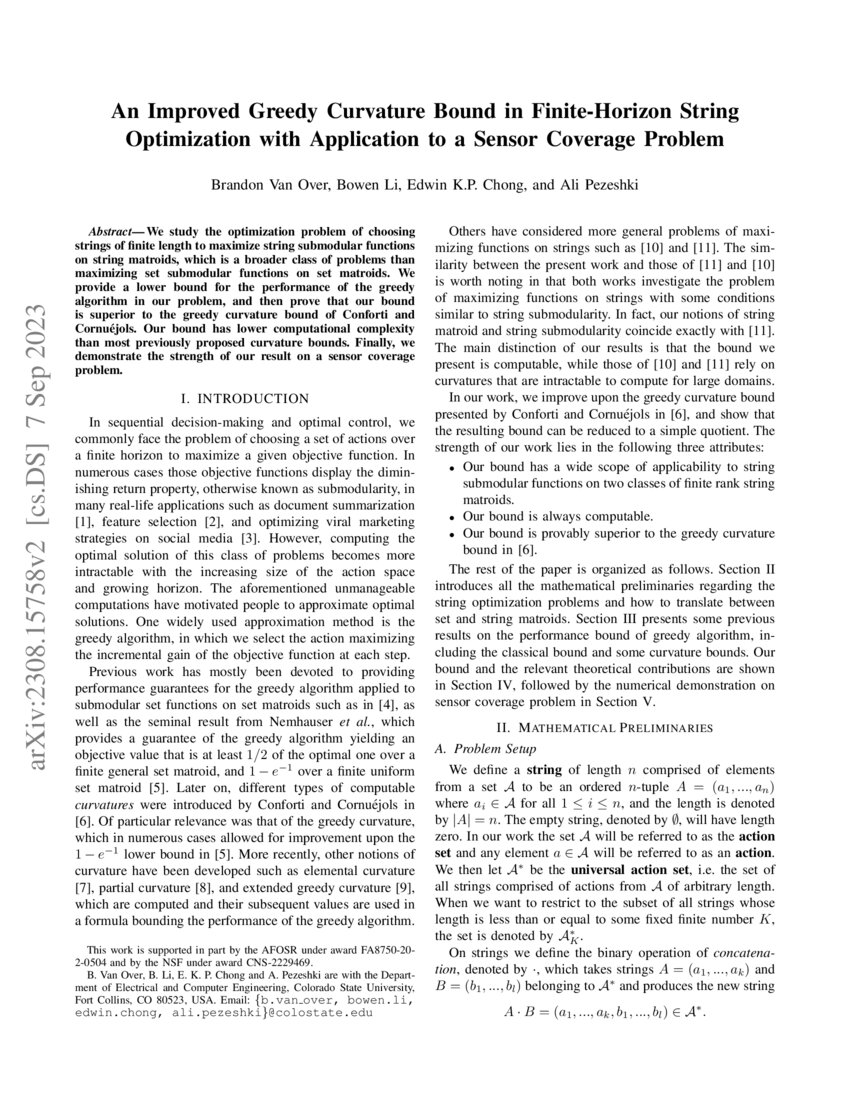 An Improved Greedy Curvature Bound In Finite Horizon String Optimization With Application To A 