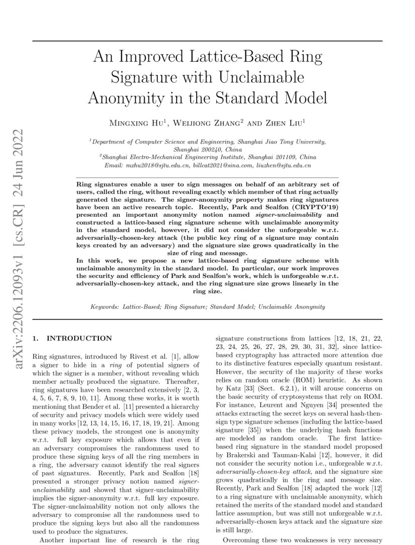 An Improved Lattice-Based Ring Signature with Unclaimable Anonymity in the Standard Model | DeepAI