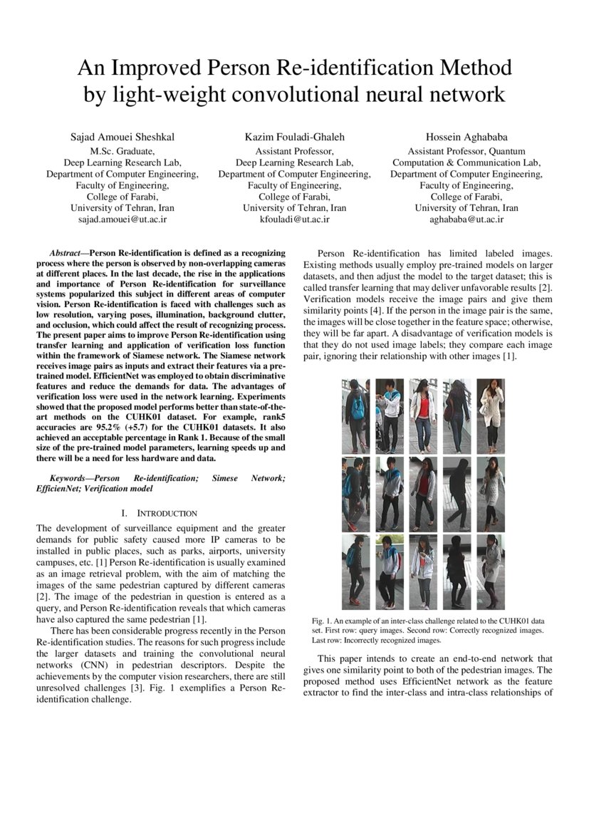 An Improved Person Re-identification Method by light-weight convolutional neural network | DeepAI