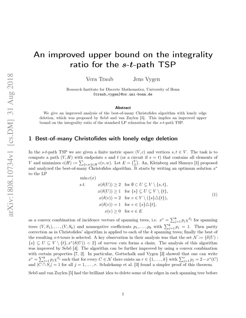 An improved upper bound on the integrality ratio for the s-t-path TSP | DeepAI