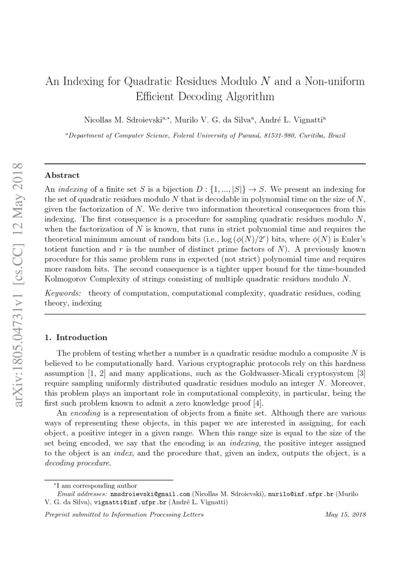 An Indexing For Quadratic Residues Modulo N And A Non Uniform Efficient Decoding Algorithm Deepai