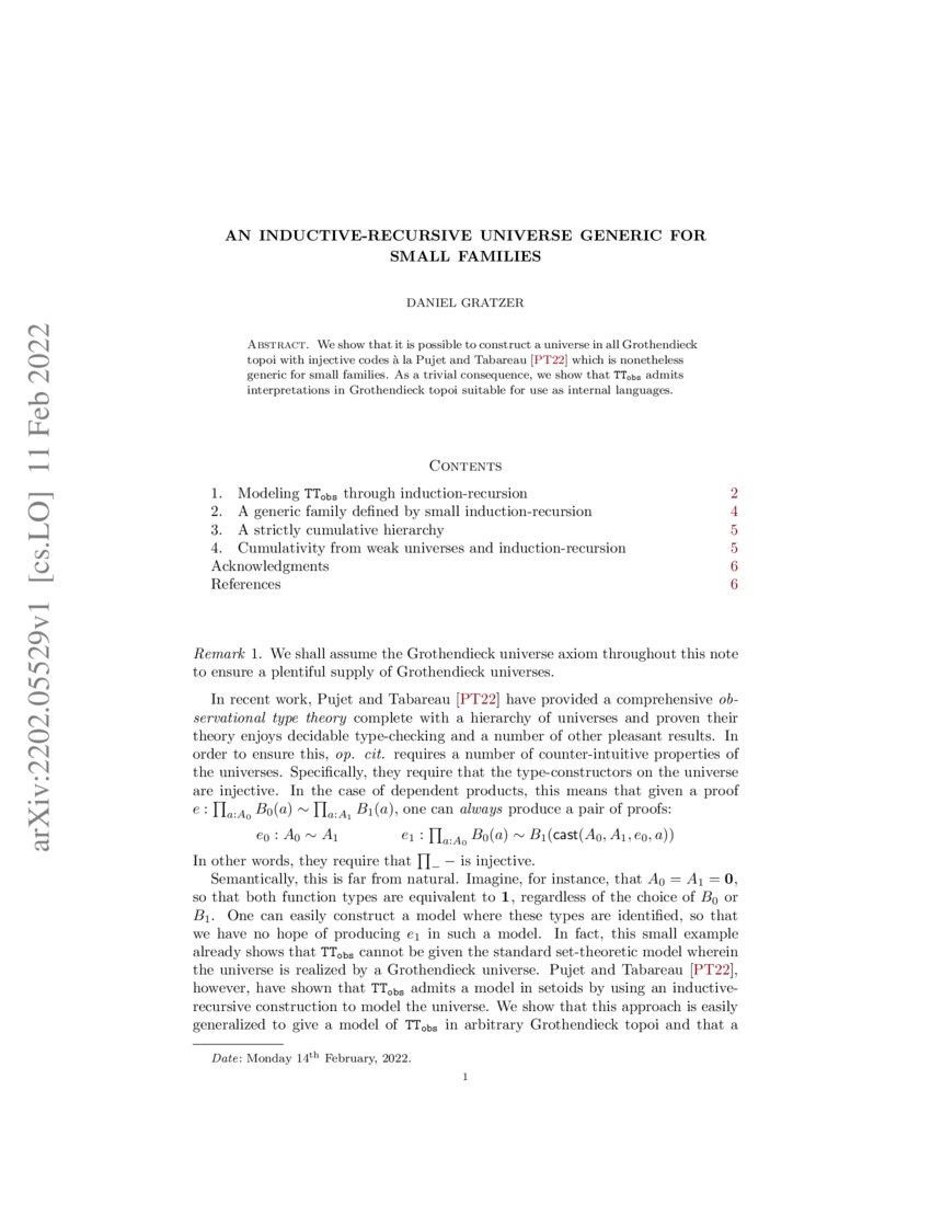 An inductive-recursive universe generic for small families | DeepAI