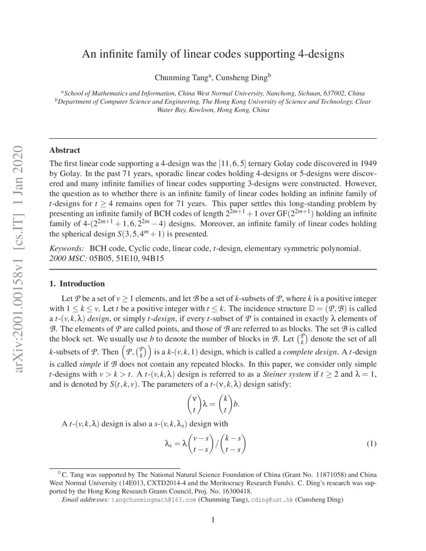 An infinite family of linear codes supporting 4-designs | DeepAI