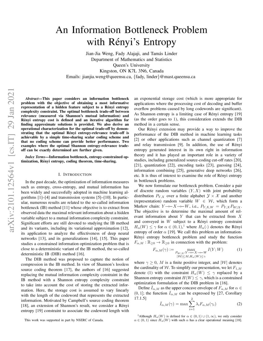 An Information Bottleneck Problem with Rényi's Entropy | DeepAI