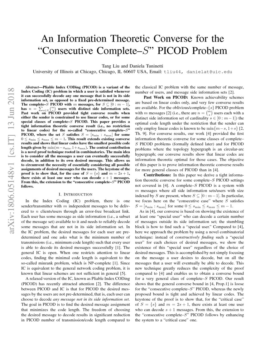 An Information Theoretic Converse for the "Consecutive Complete--S" PICOD Problem | DeepAI