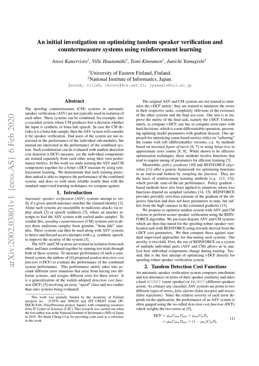 An Initial Investigation On Optimizing Tandem Speaker Verification And Countermeasure Systems