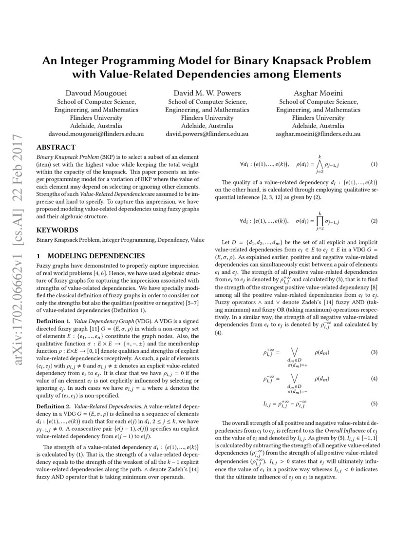 An Integer Programming Model For Binary Knapsack Problem With Value Related Dependencies Among 6400