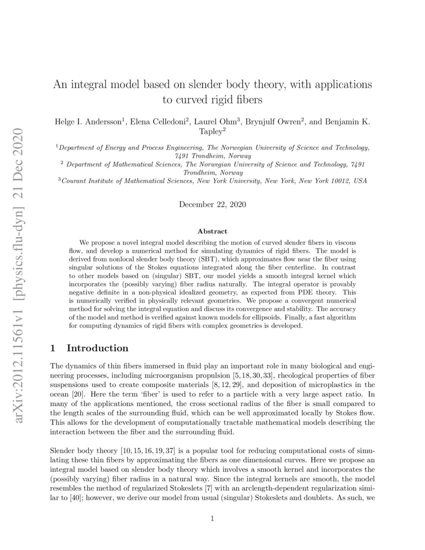 An integral model based on slender body theory, with applications to ...