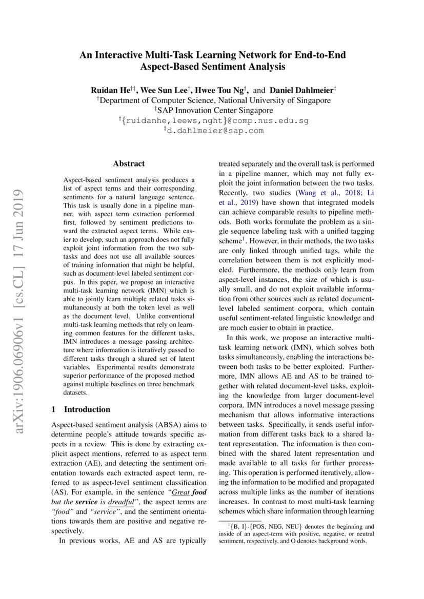An Interactive Multi Task Learning Network For End To End Aspect Based Sentiment Analysis Deepai 