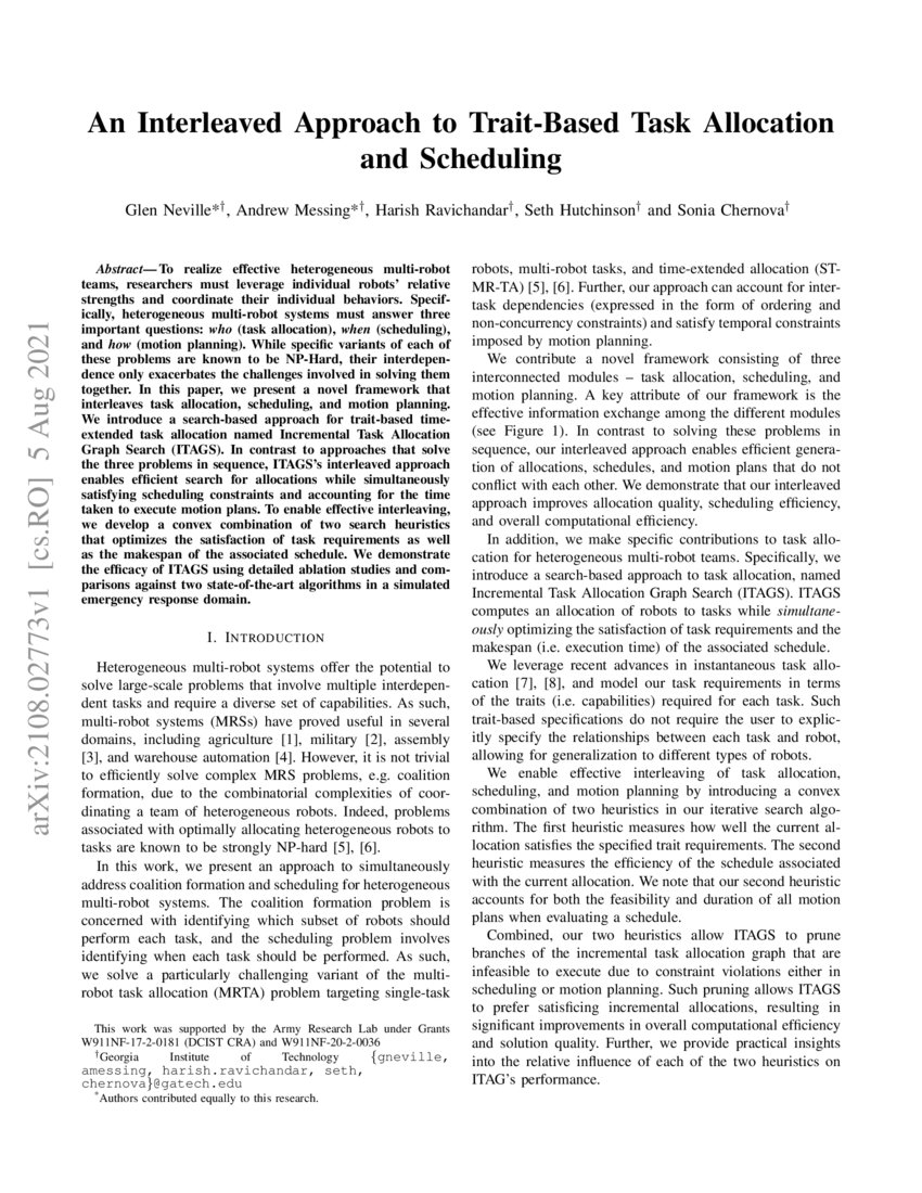 An Interleaved Approach To Trait Based Task Allocation And Scheduling Deepai 