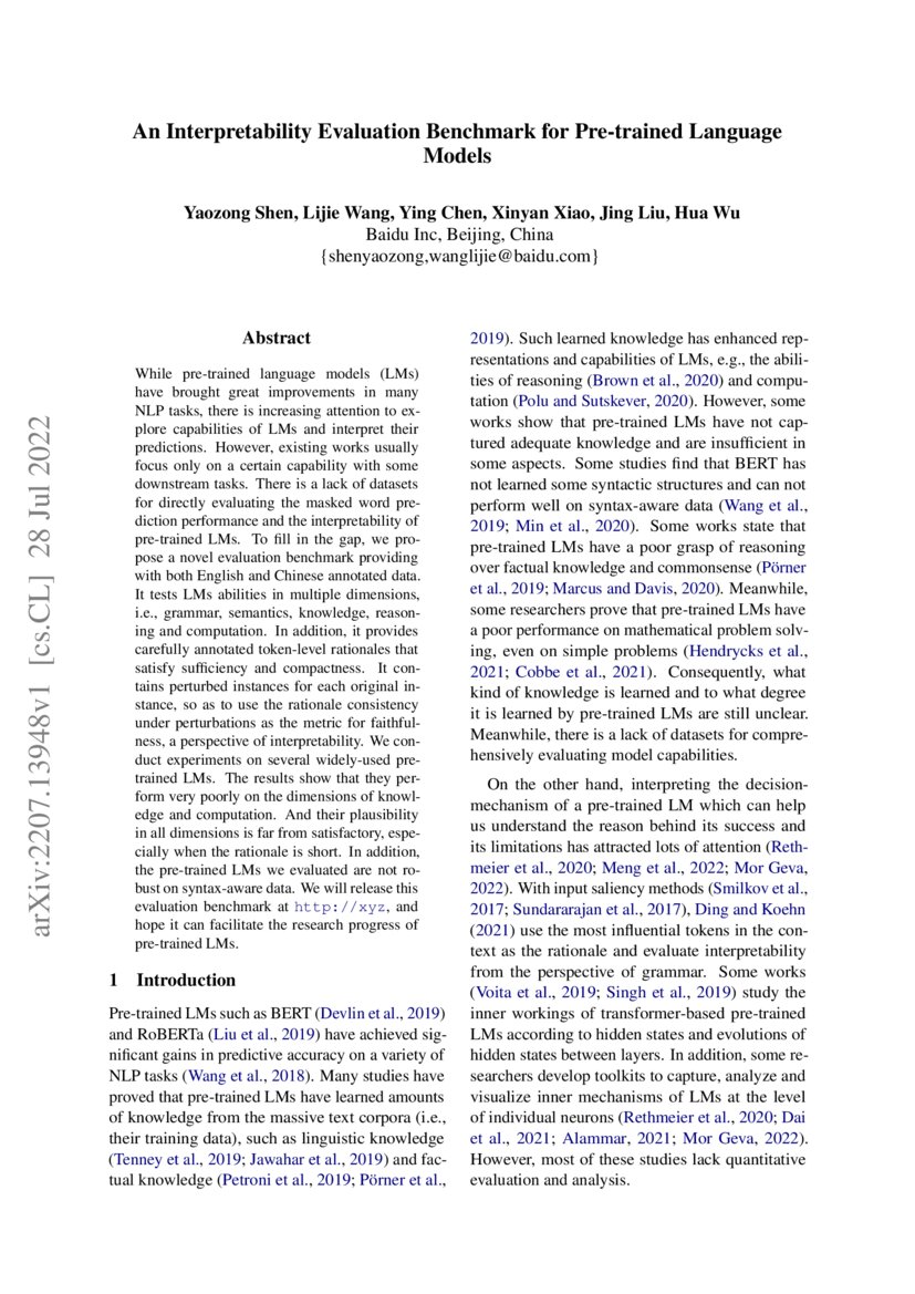An Interpretability Evaluation Benchmark for Pre-trained Language Models | DeepAI