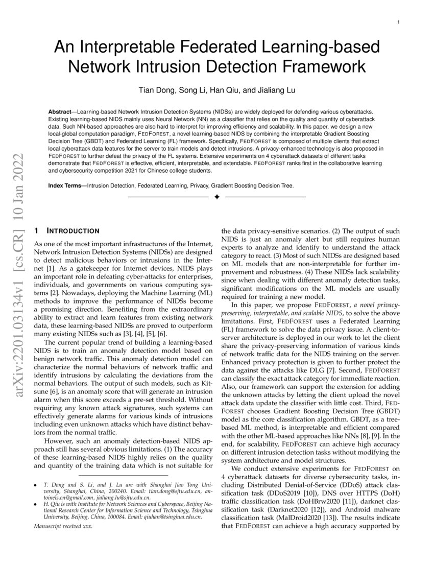 An Interpretable Federated Learning Based Network Intrusion Detection Framework Deepai