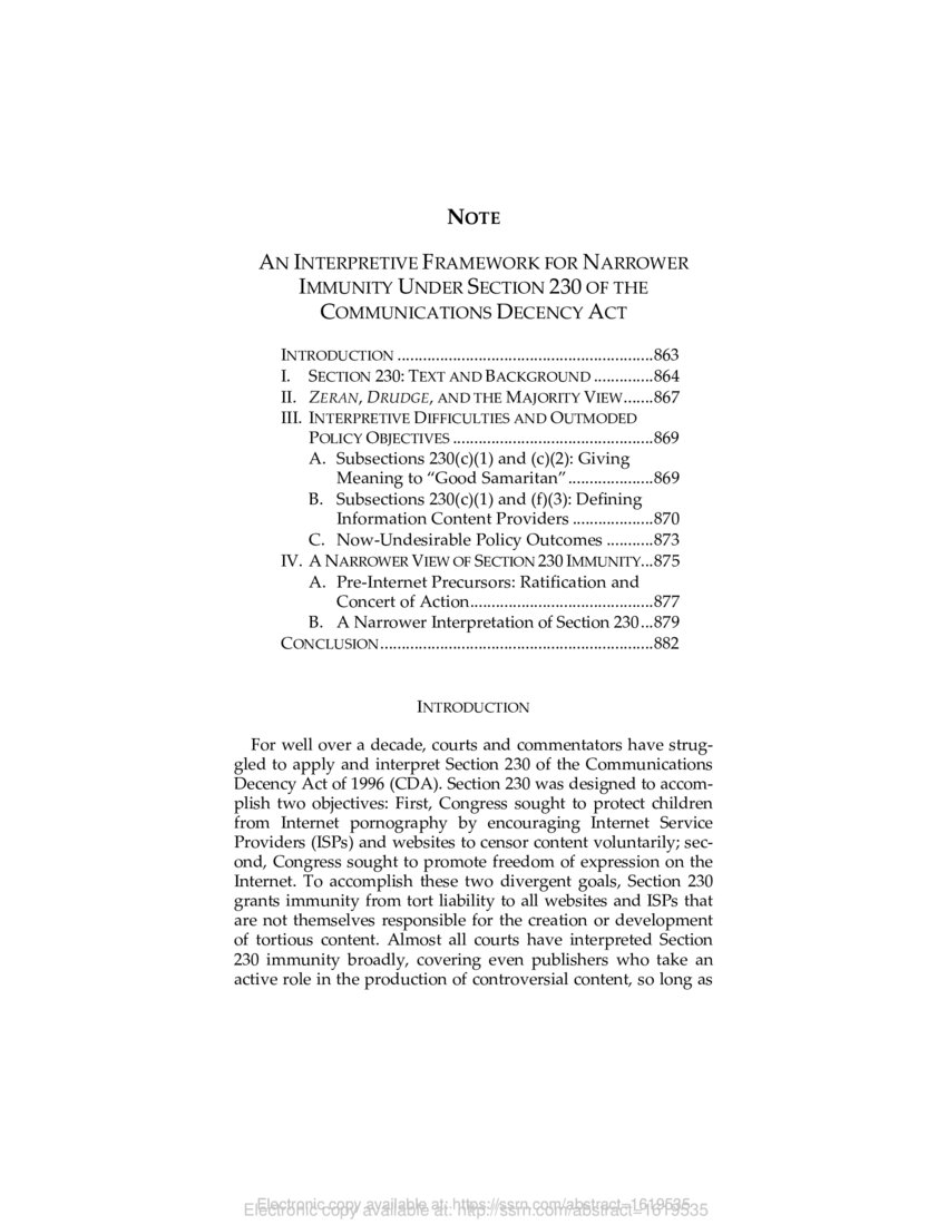 An Interpretive Framework For Narrower Immunity Under Section 230 Of