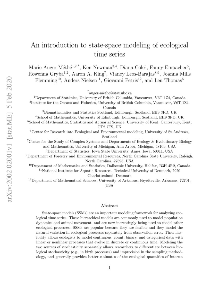 An Introduction To State Space Modeling Of Ecological Time Series Deepai