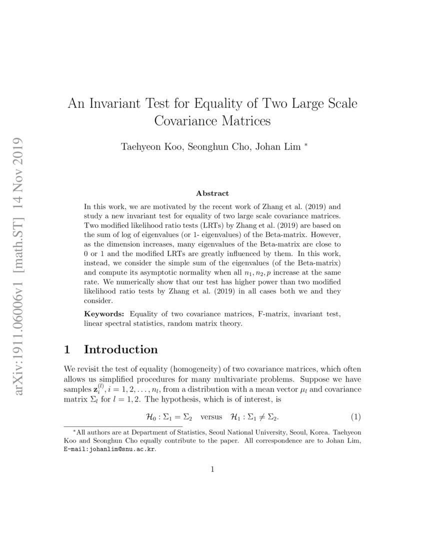 An Invariant Test For Equality Of Two Large Scale Covariance Matrices Deepai