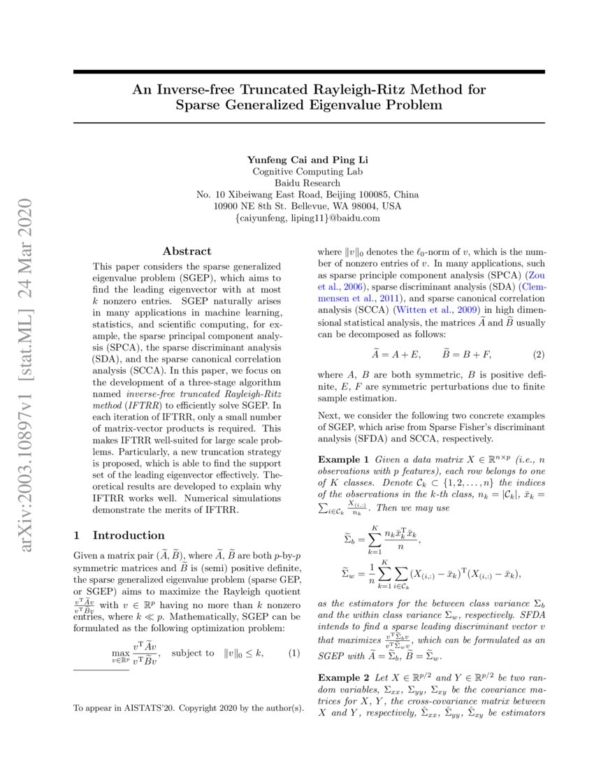 An Inverse Free Truncated Rayleigh Ritz Method For Sparse Generalized Eigenvalue Problem Deepai