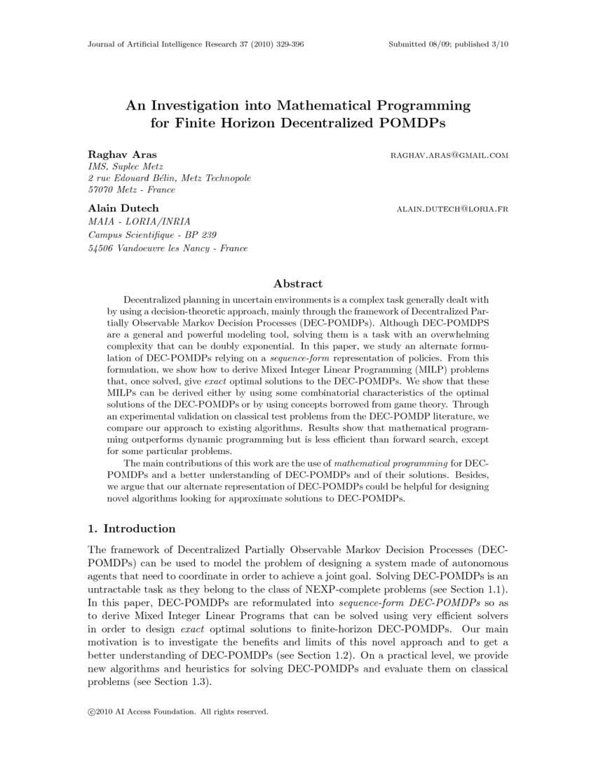 An Investigation Into Mathematical Programming For Finite Horizon Decentralized Pomdps Deepai