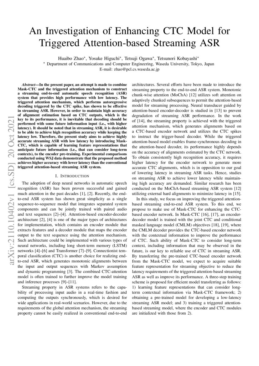 An Investigation Of Enhancing Ctc Model For Triggered Attention Based Streaming Asr Deepai